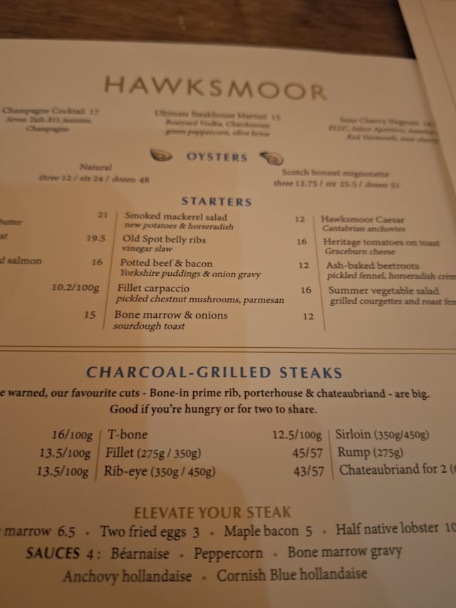 Menus 2025 - Hawksmoor Seven Dials in London | TheFork