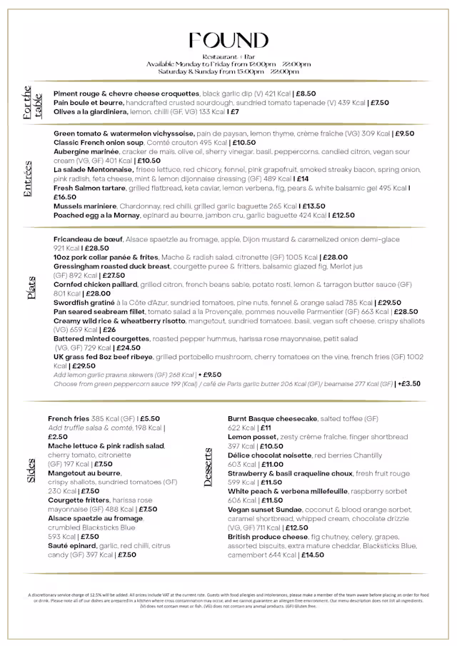 Menus 2026 - Found Bar & Restaurant – St Pauls' in London | TheFork