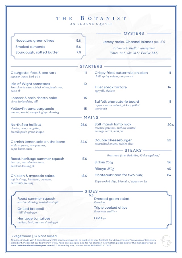 Menus 2025 - The Botanist Sloane Square in London | TheFork