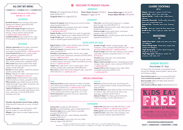 Menus 2026 - Pranzo Italian Harrogate in Harrogate | TheFork