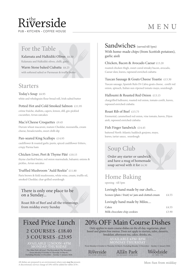 Carte et Menus 2026 - The Riverside, Dunblane à Dunblane | TheFork