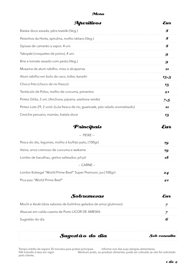 Carte et Menus 2025 - Lote 29 à Setúbal | TheFork