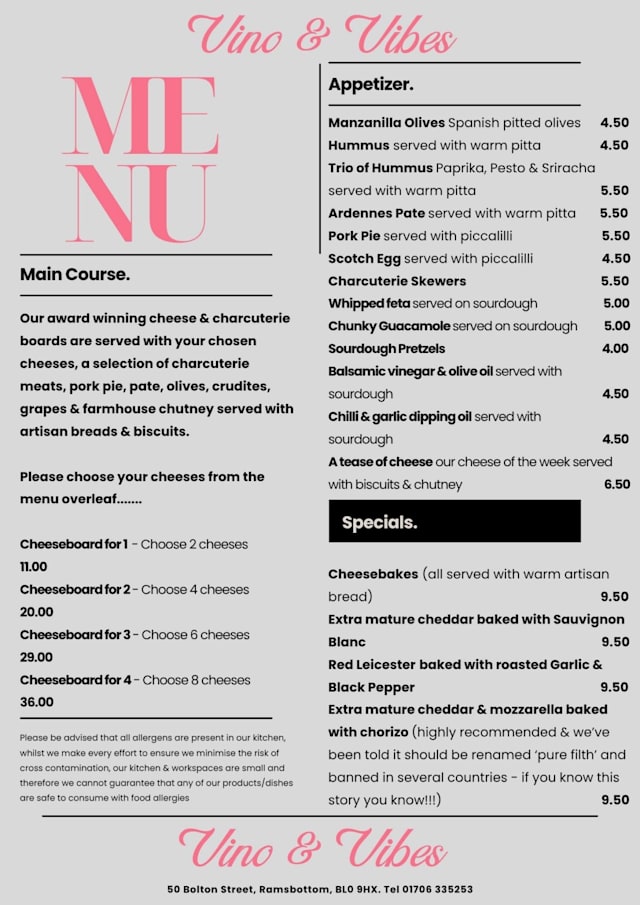 Carte et Menus 2025 - Vino and Vibes Ramsbottom à Ramsbottom | TheFork