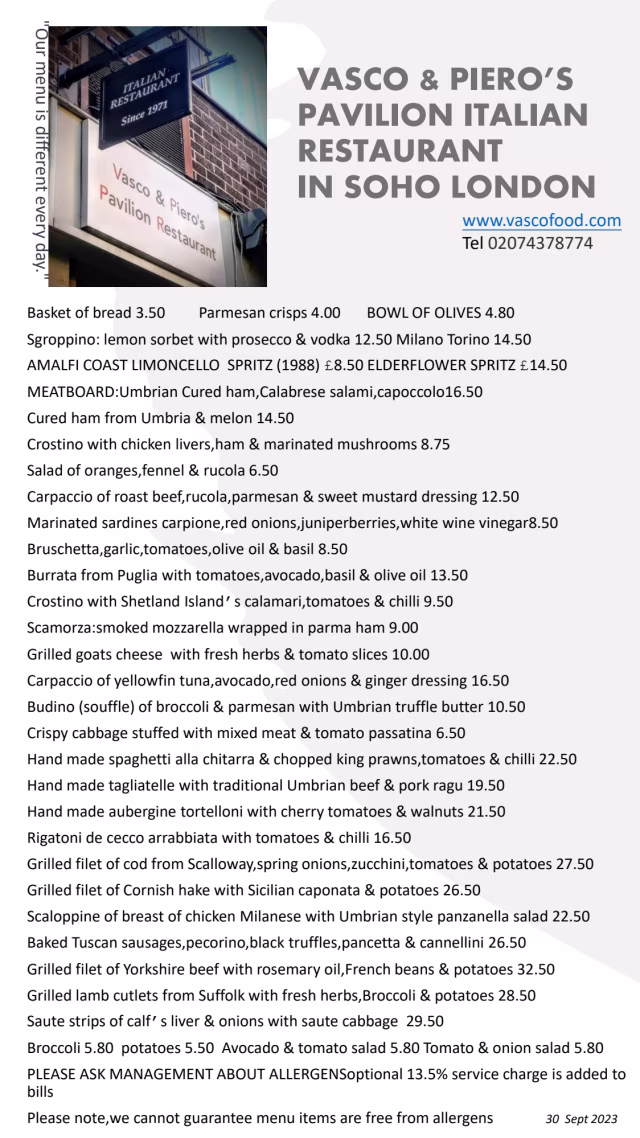 Menus 2026 - Vasco & Piero's Pavilion Restaurant in London | TheFork
