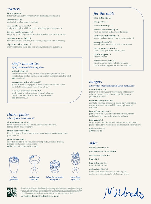 Carte et Menus 2026 - Mildreds - Covent Garden à Londres | TheFork