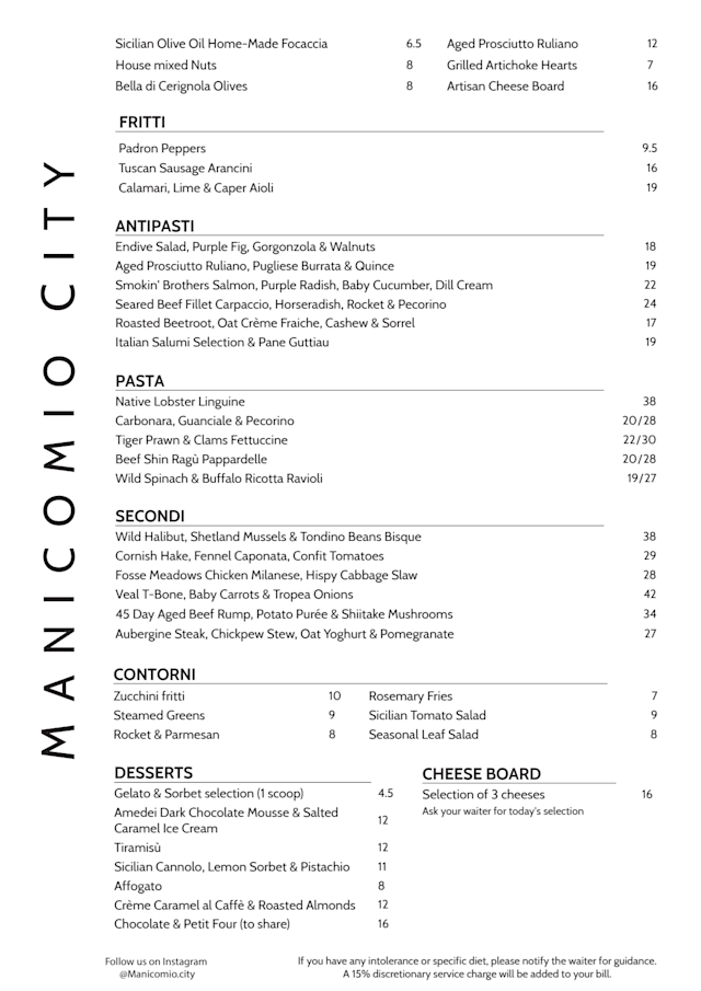 Menus 2025 - Manicomio - Gutter Lane in London | TheFork