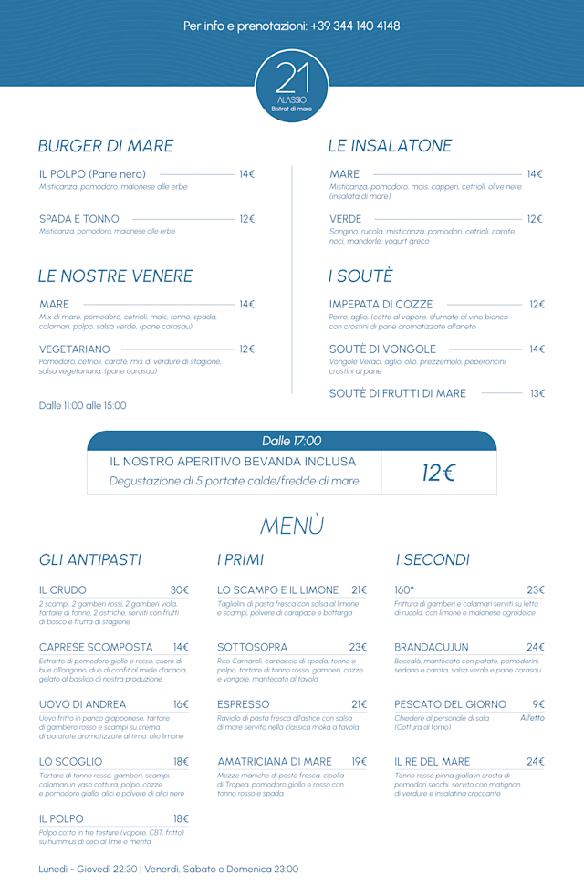 Carte et Menus 2026 - 21 Alassio Bistrot di Mare à Alassio | TheFork