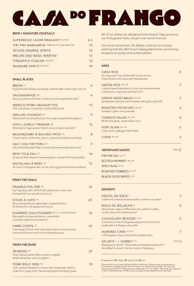 Menus 2026 - Casa do Frango Mayfair in London | TheFork