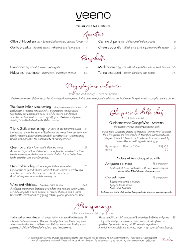Menus 2025 - Veeno Durham in Durham | TheFork
