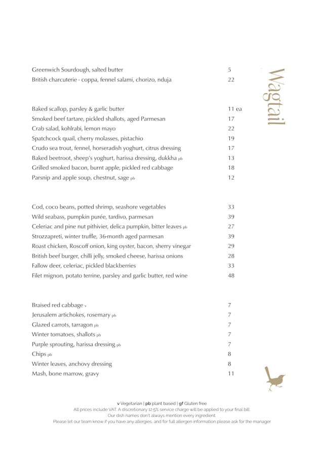 Menus 2025 - Wagtail Rooftop Bar And Restaurant in London | TheFork