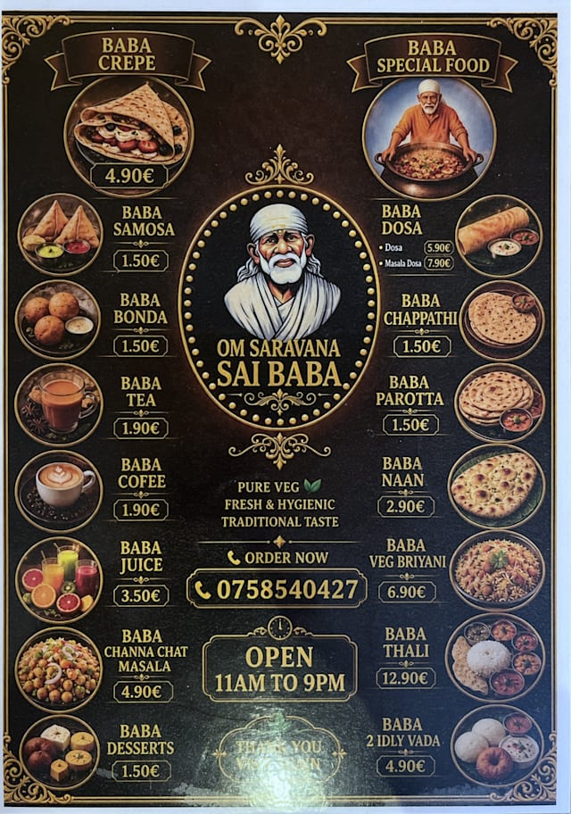 Menu 2026 - OM SARAVANA SAI BABA à PARIS in Parijs | TheFork