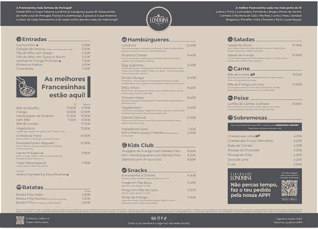 Menu 2026 - Taberna Londrina Porto (Foz) em Porto | TheFork
