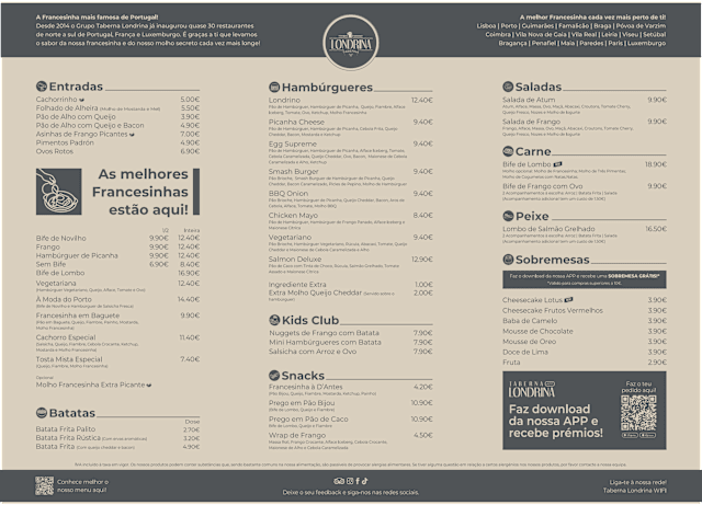 Menu 2025 - Taberna Londrina Porto (Foz) em Porto | TheFork