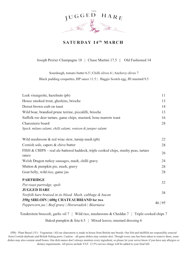 Menus 2026 - The Jugged Hare in London | TheFork