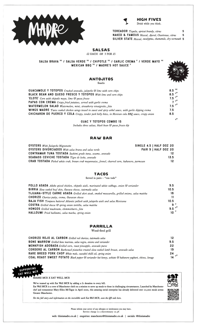 Menus 2025 - Madre Manchester in Manchester | TheFork