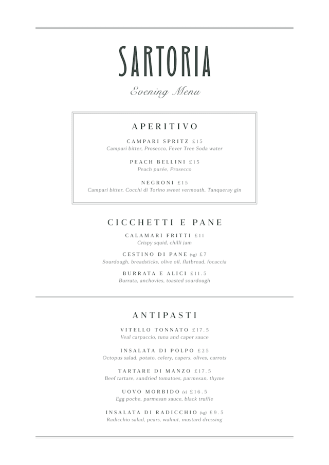 Menu 2025 - Sartoria by Launceston Place in Londen | TheFork