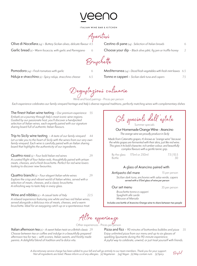 Menus 2025 - Veeno Bristol in Bristol | TheFork