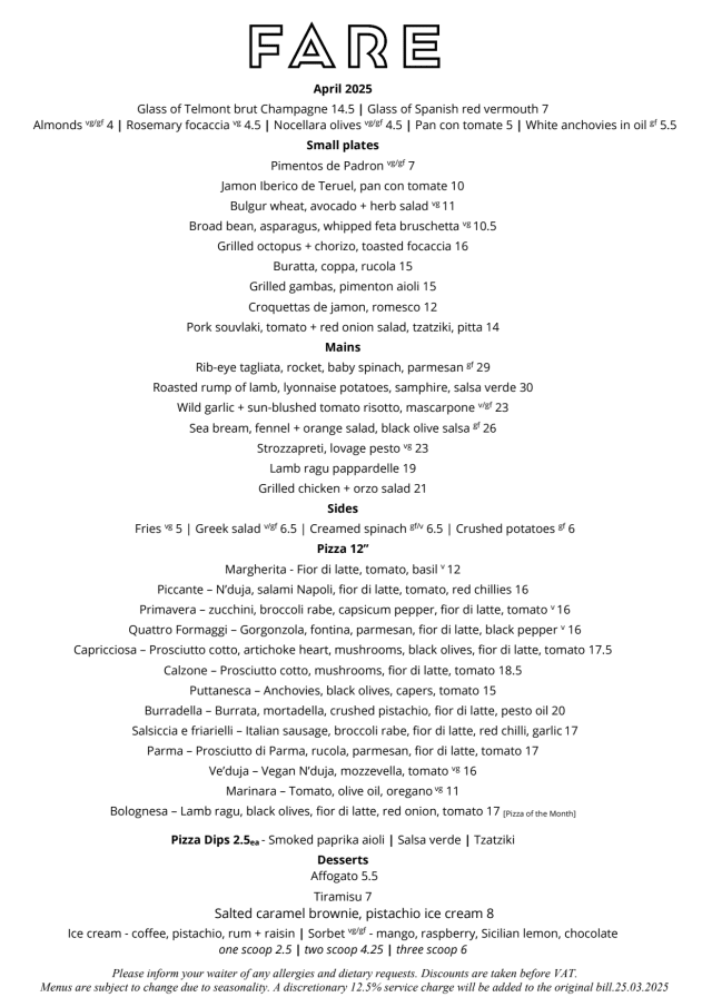Menus 2025 - Fare Restaurant in London | TheFork