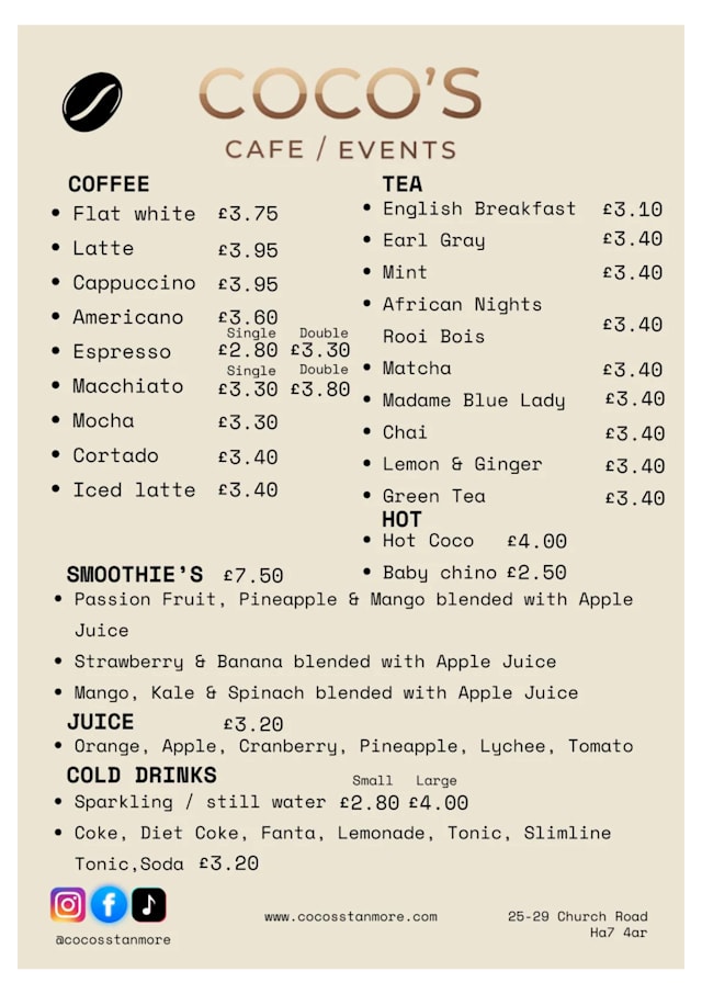 Menu 2026 - Coco's Stanmore Restaurant in Stanmore | TheFork