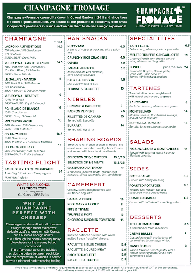 Menus 2026 - Champagne + Fromage - Covent Garden in London | TheFork