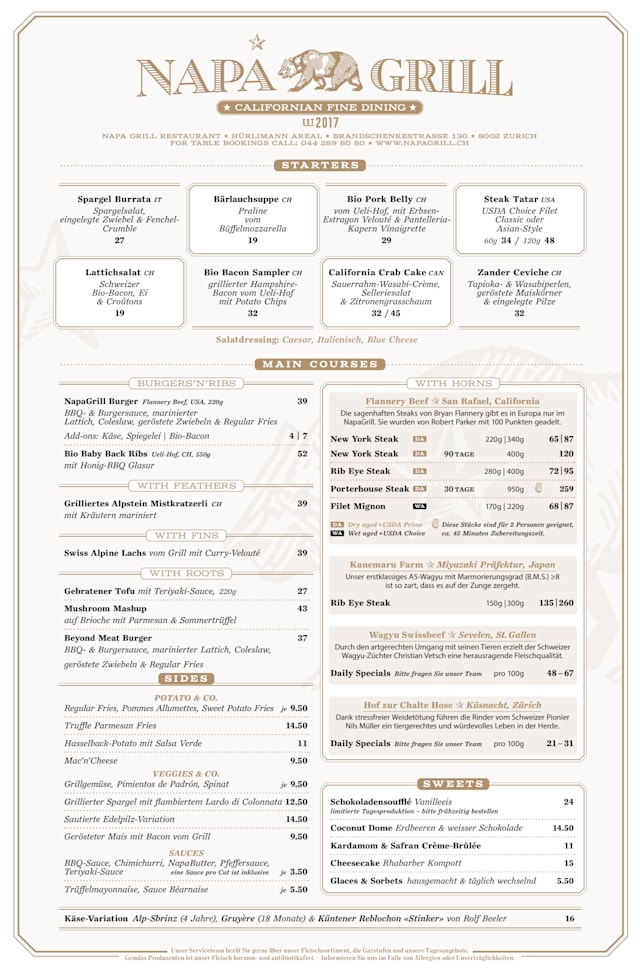 Menu 2026 - NapaGrill Zürich in Zurich | TheFork