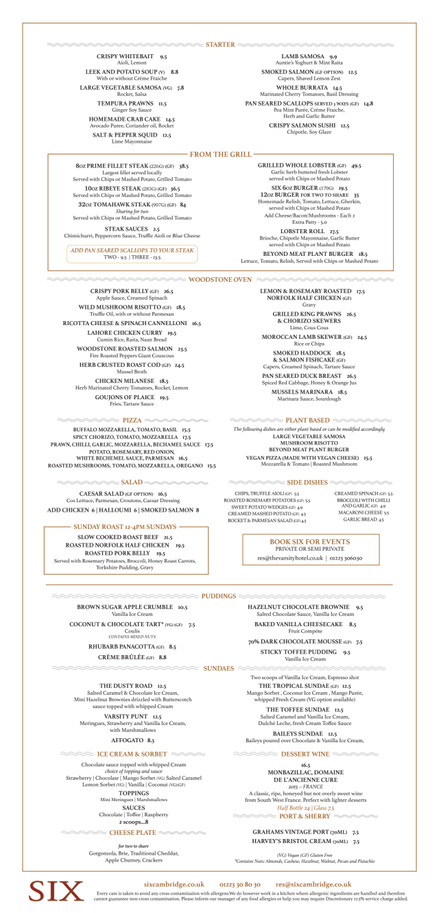 Menus 2025 - Six in Cambridge | TheFork