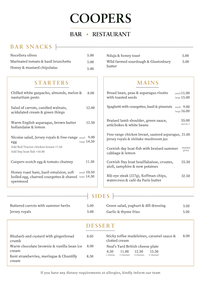 Menu 2026 - Coopers Restaurant & Bar em Londres | TheFork
