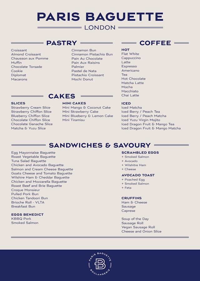 Menus 2026 - Paris Baguette Kensington in London | TheFork