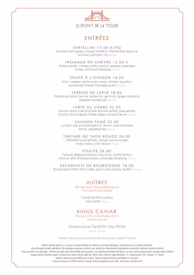 Menus 2026 - Le Pont de la Tour in London | TheFork