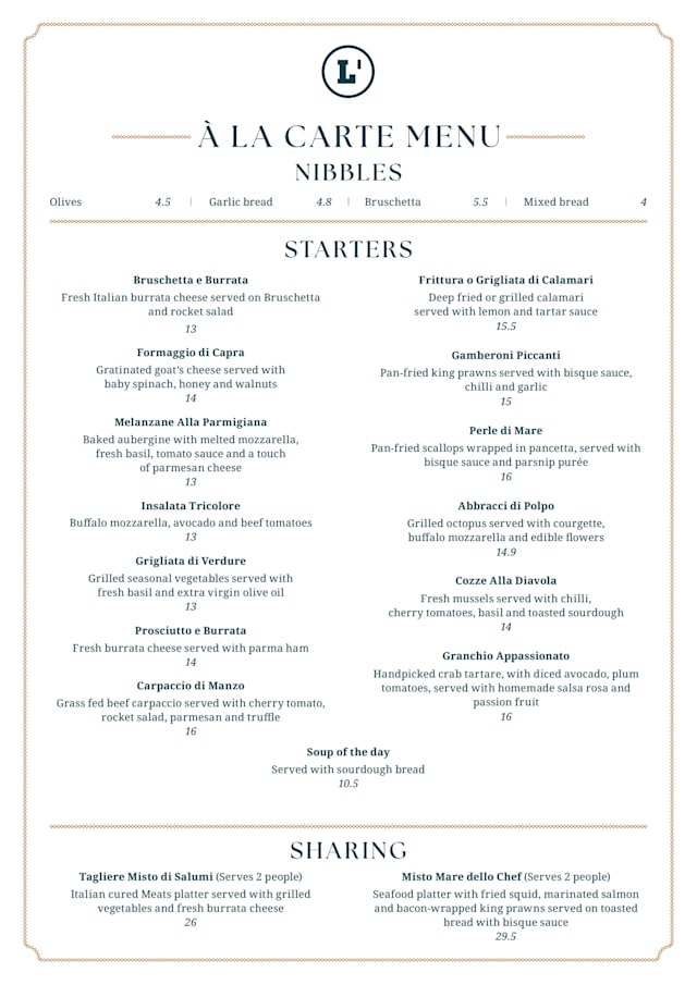 Menus 2026 - L'Arte Seafood & Grill Winchmore Hill in London | TheFork