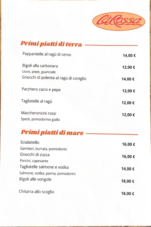 Menu 2025 - Ca' Rossa in Pergine Valsugana | TheFork