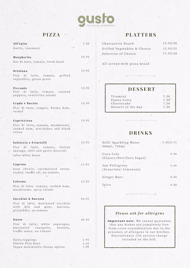 Menus 2026 - GUSTO - MODERN ITALIAN RESTAURANT in London | TheFork
