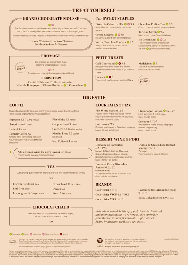 Menus 2026 - Cote Brasserie - Barbican in London | TheFork