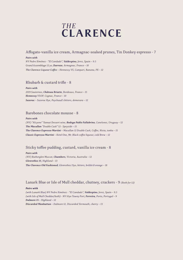 Menus 2026 - The Clarence in Glasgow | TheFork