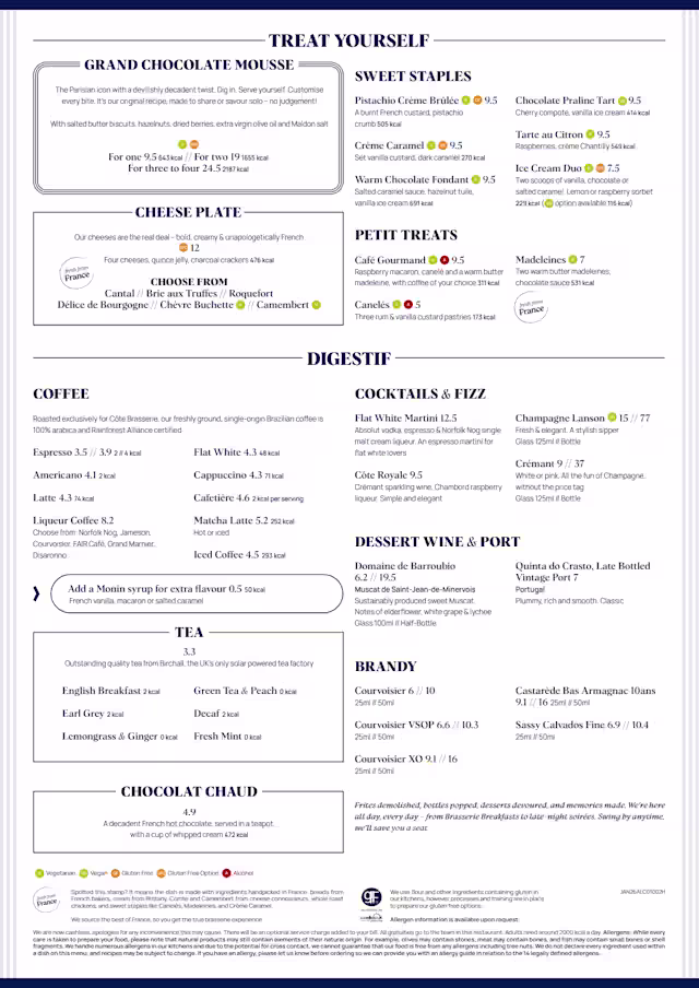 Menus 2026 - Cote Brasserie - Kensington in London | TheFork