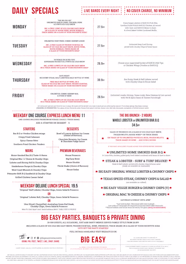 Menus 2026 - Big Easy Covent Garden in London | TheFork