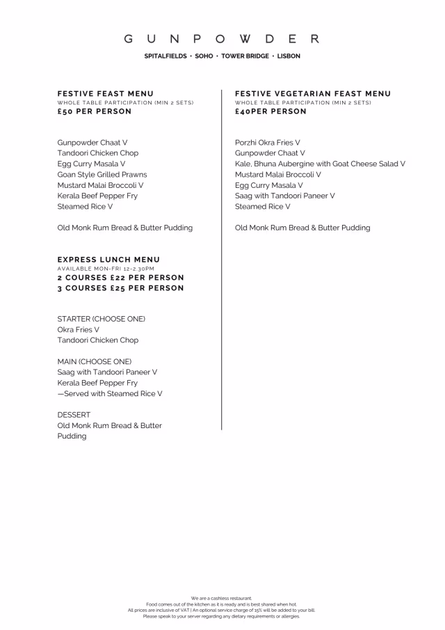 Menus 2026 - Gunpowder - Spitalfields in London | TheFork