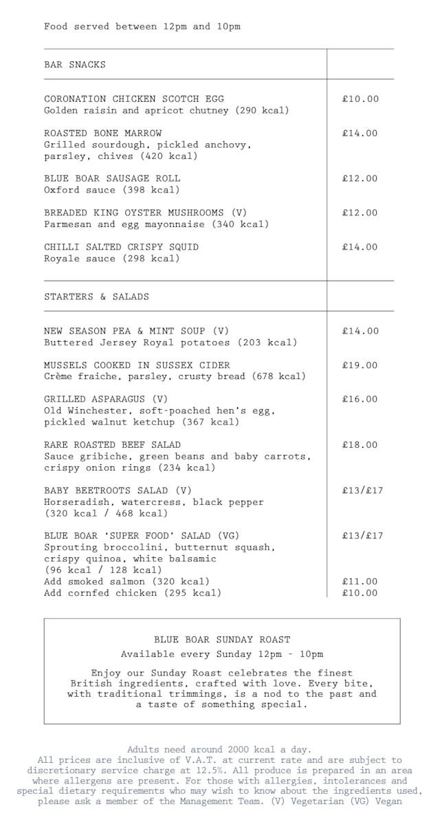 Menu 2025 - Blue Boar Pub in London | TheFork