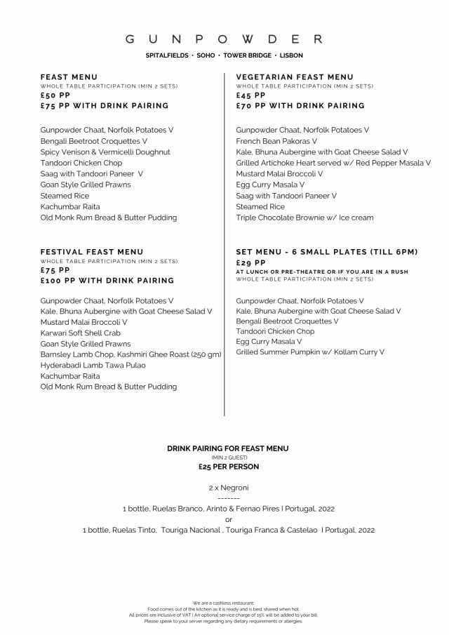Menus 2026 - Gunpowder - Soho in London | TheFork