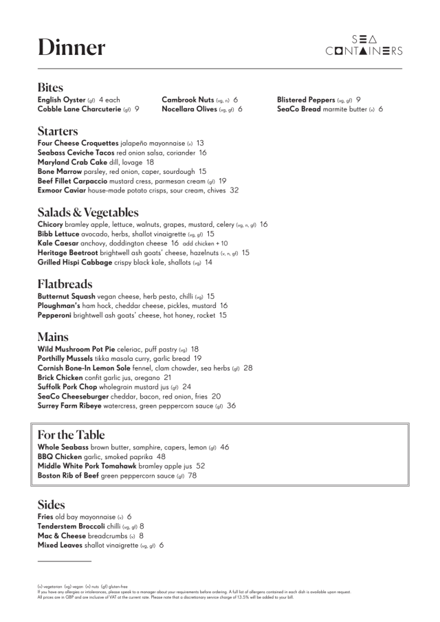Menus 2025 - Sea Containers in London | TheFork