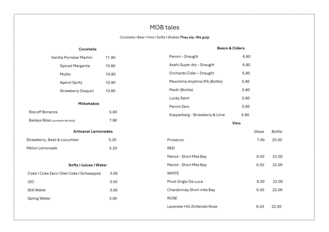 Menu 2026 - MOB Pizza Socials in Londen | TheFork