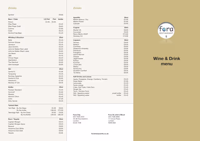Menus 2026 - Fora Restaurant - Houndsditch in London | TheFork